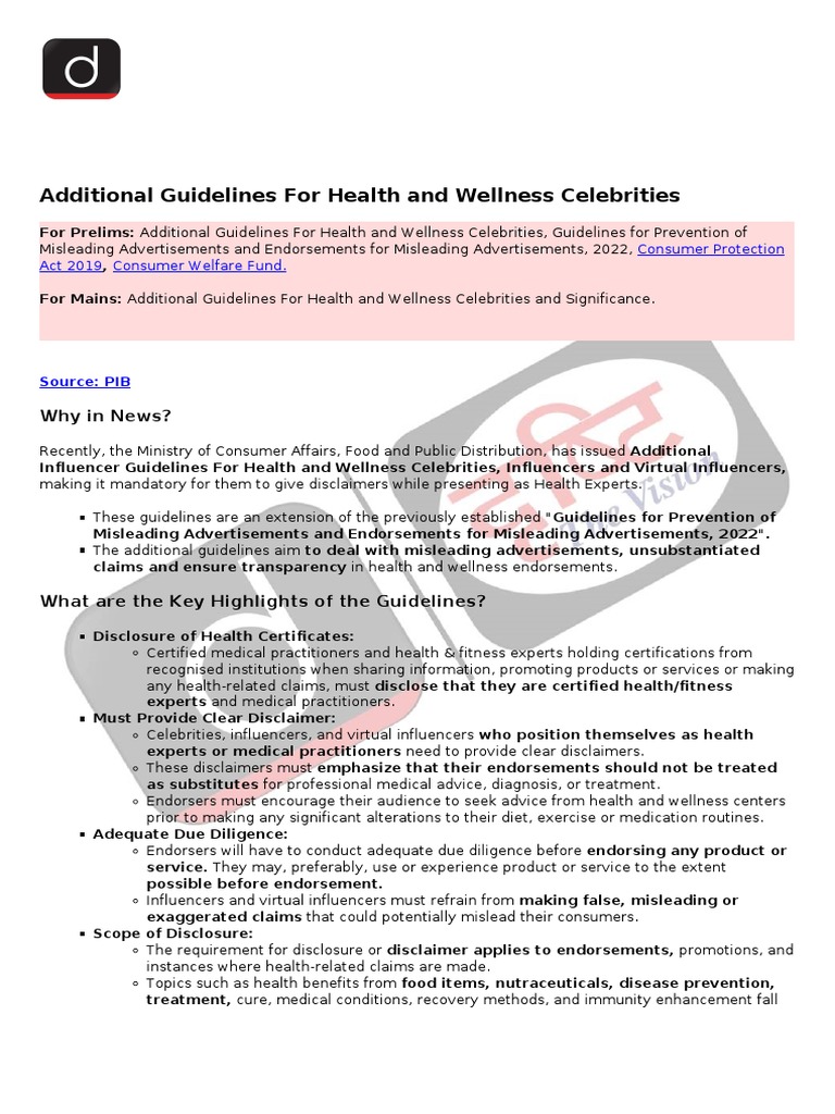 Additional Guidelines For Health and Wellness Celebrities: Why in News ...