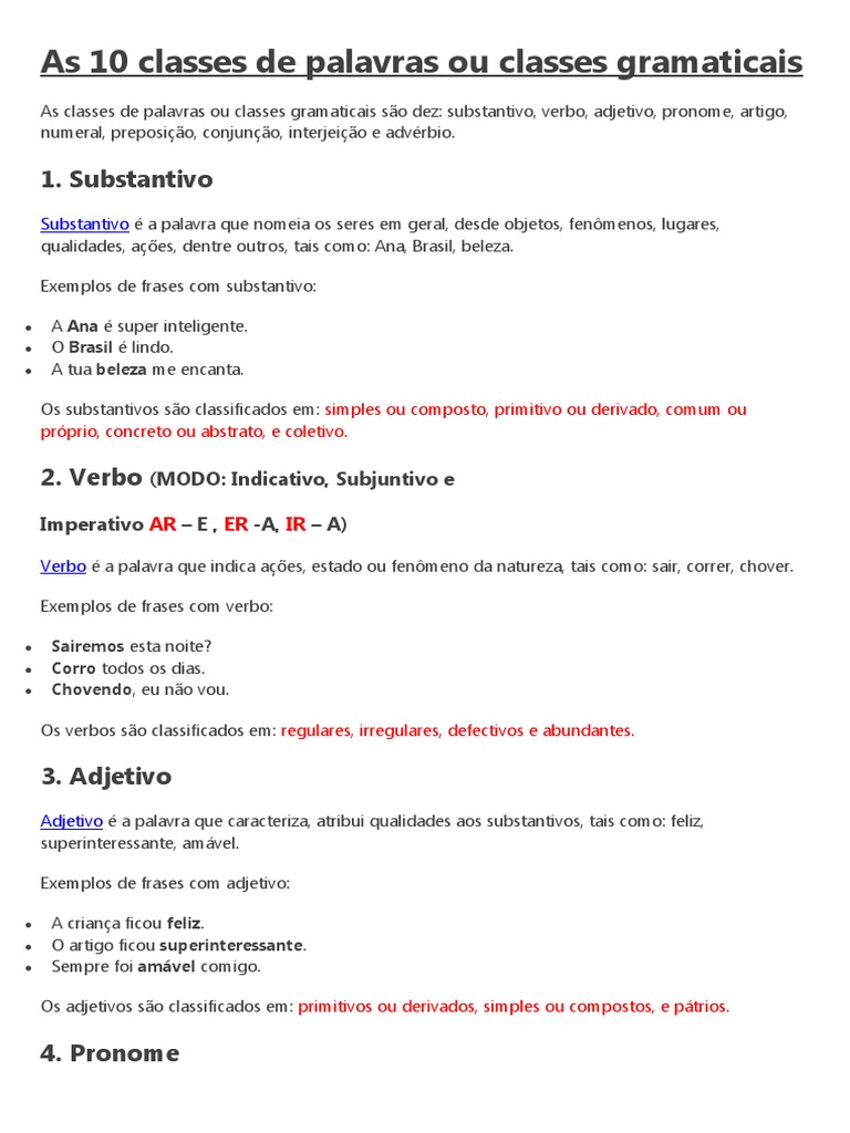 As 10 Classes de Palavras Ou Classes Gramaticais | PDF | Classe ...