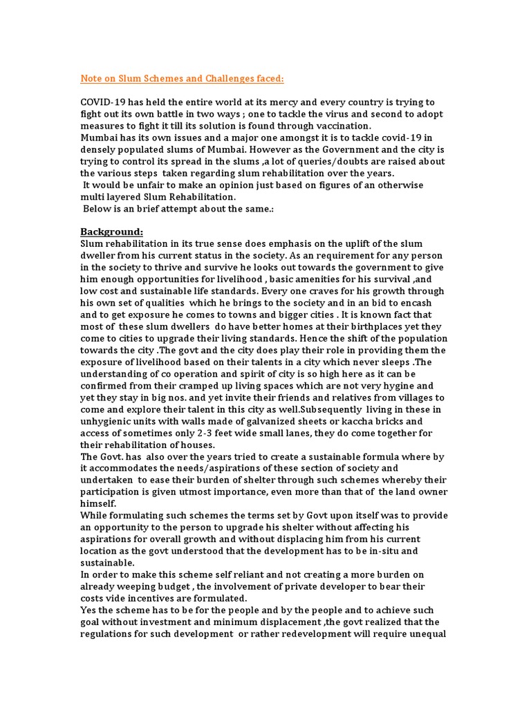 Brief Note On Slum Challenges | PDF