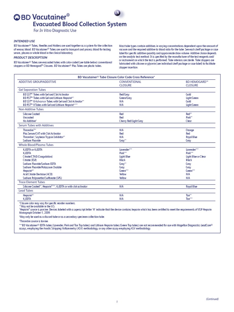 BD Vacutainer Evacuated Blood Collection System - SF - EN | PDF | Blood ...