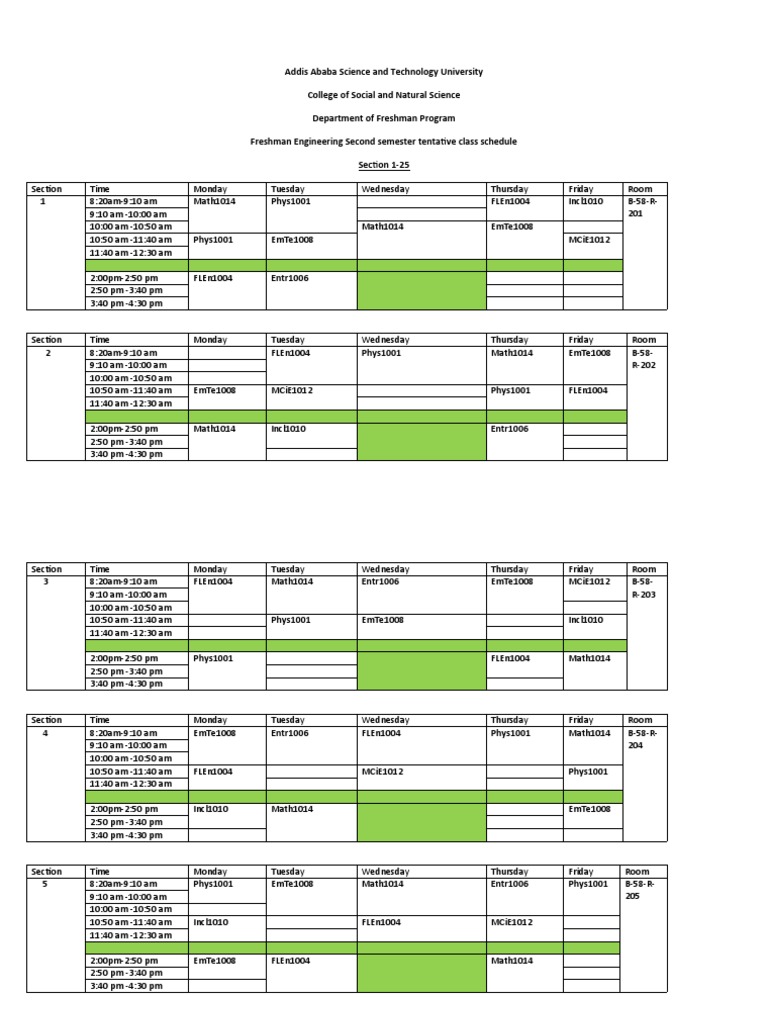 Addis Ababa University Freshman Class Schedule | PDF | Science ...