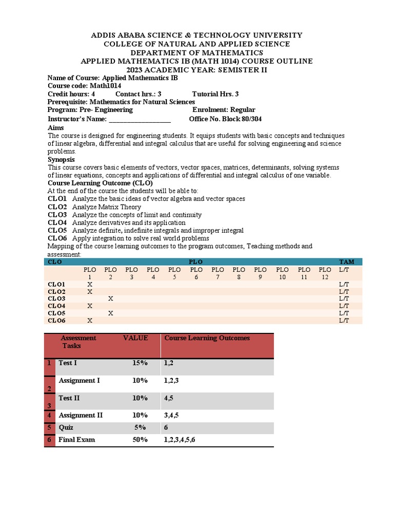 Course Outline | PDF | Integral | Matrix (Mathematics)
