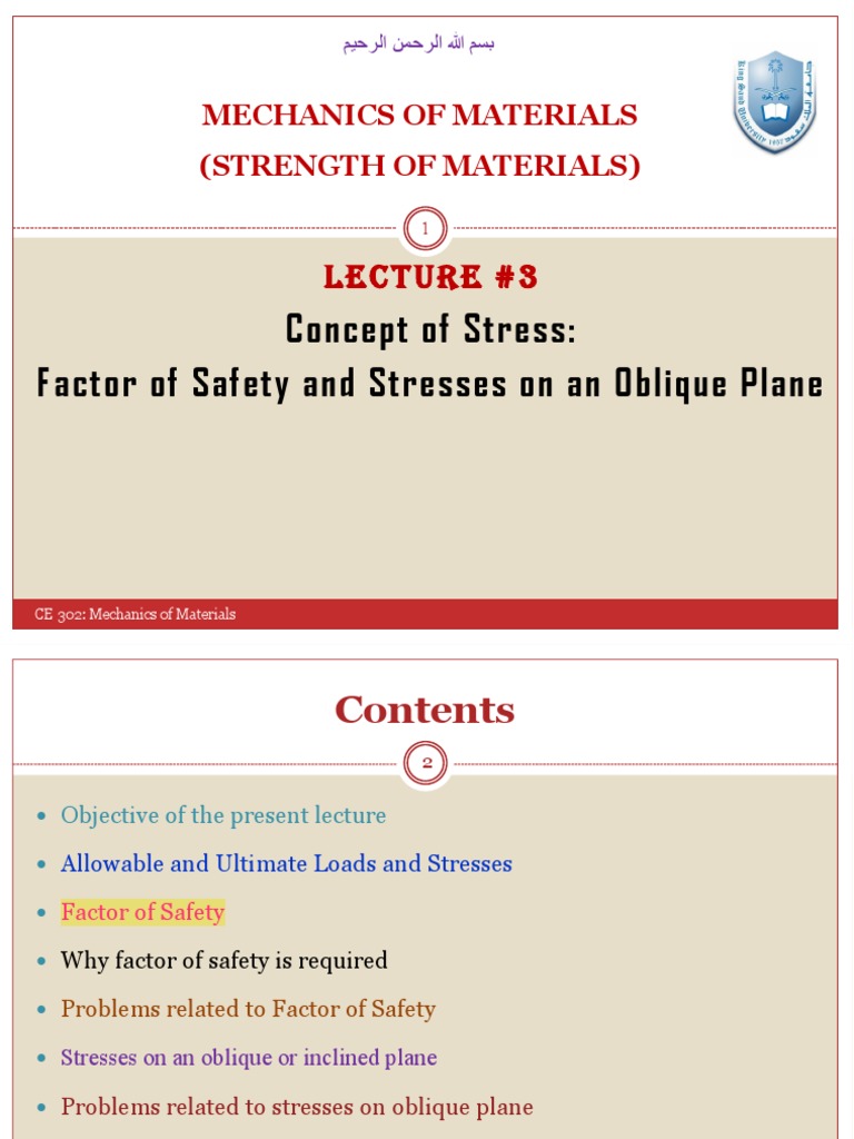 CE 302-Lecture-3 - Concept of Stress-Factor of Safety and Stresses On An Oblique Plane | PDF
