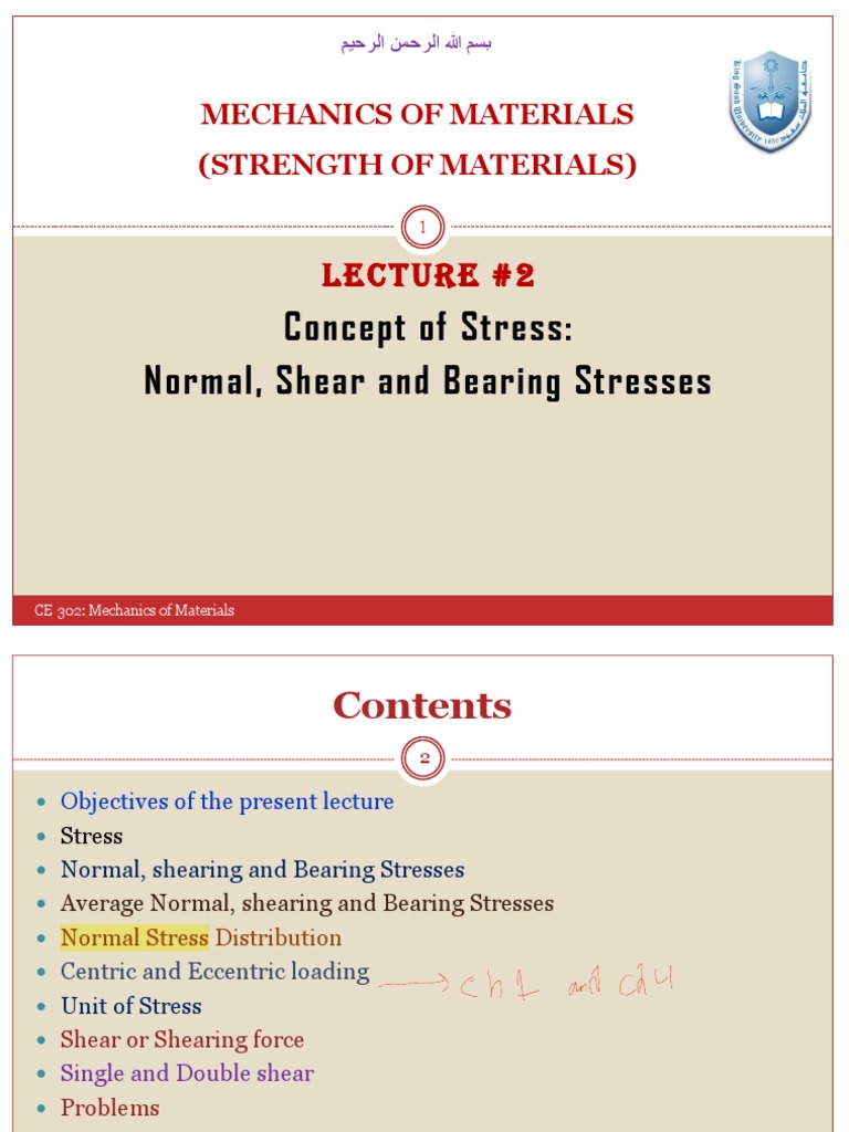 CE 302-Lecture-2 - Concept of Stress-Normal, Shear and Bearing Stresses | PDF