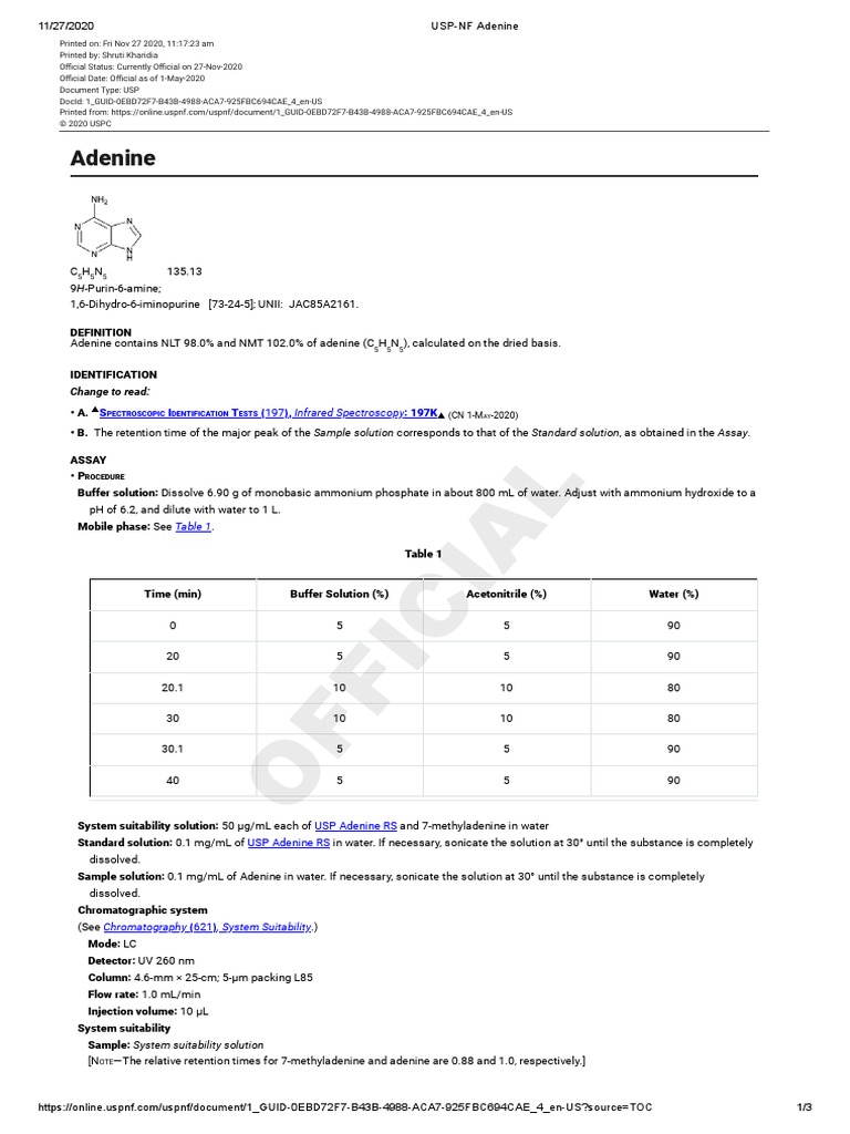USP-NF Adenine | PDF | Chromatography | Laboratories