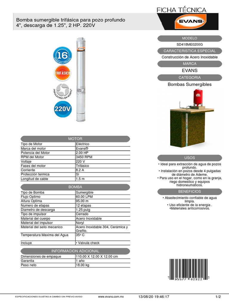 Ficha Tecn - Bomba Sumerg - 2Hp - Ref - SD418ME0200G | PDF