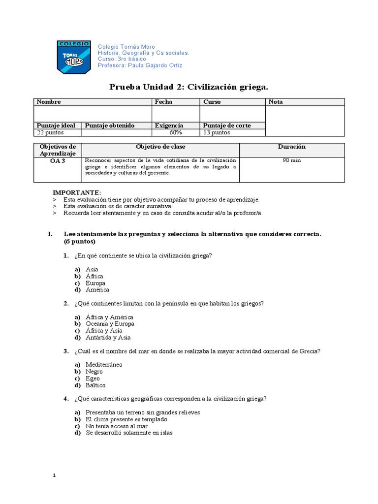 Prueba Unidad 2 | PDF | Antigua Grecia | Grecia