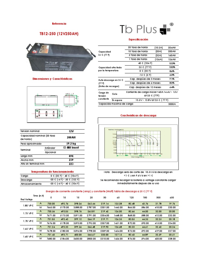 Ficha Tecn - TB Plus 12-200 (12V200AH) | PDF Ficha Tecn - TB Plus 12-200 (12V200AH) | PDF