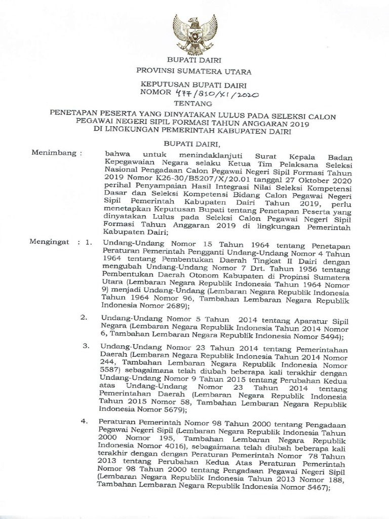 Sk Penetapan Kelulusan Cpns Formasi 2019 Dikompresi | PDF
