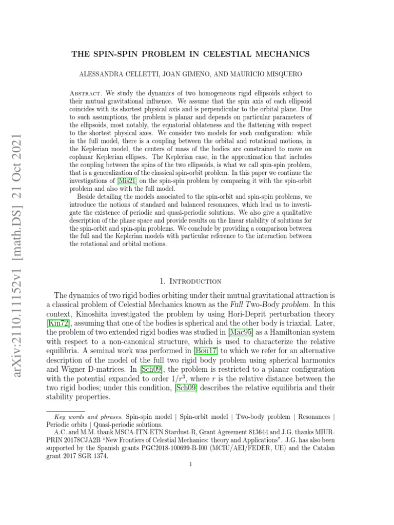 The Spin-spin Problem in Celestial Mechanics | PDF