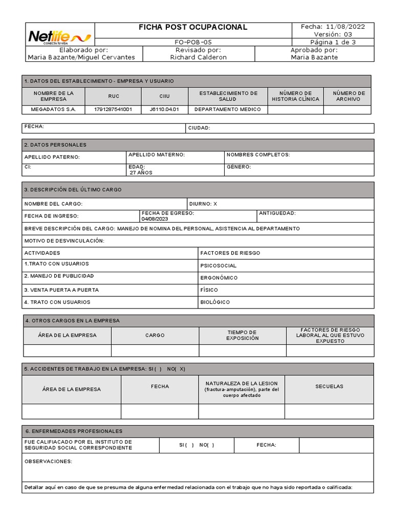 Ficha Post Ocupacional | PDF