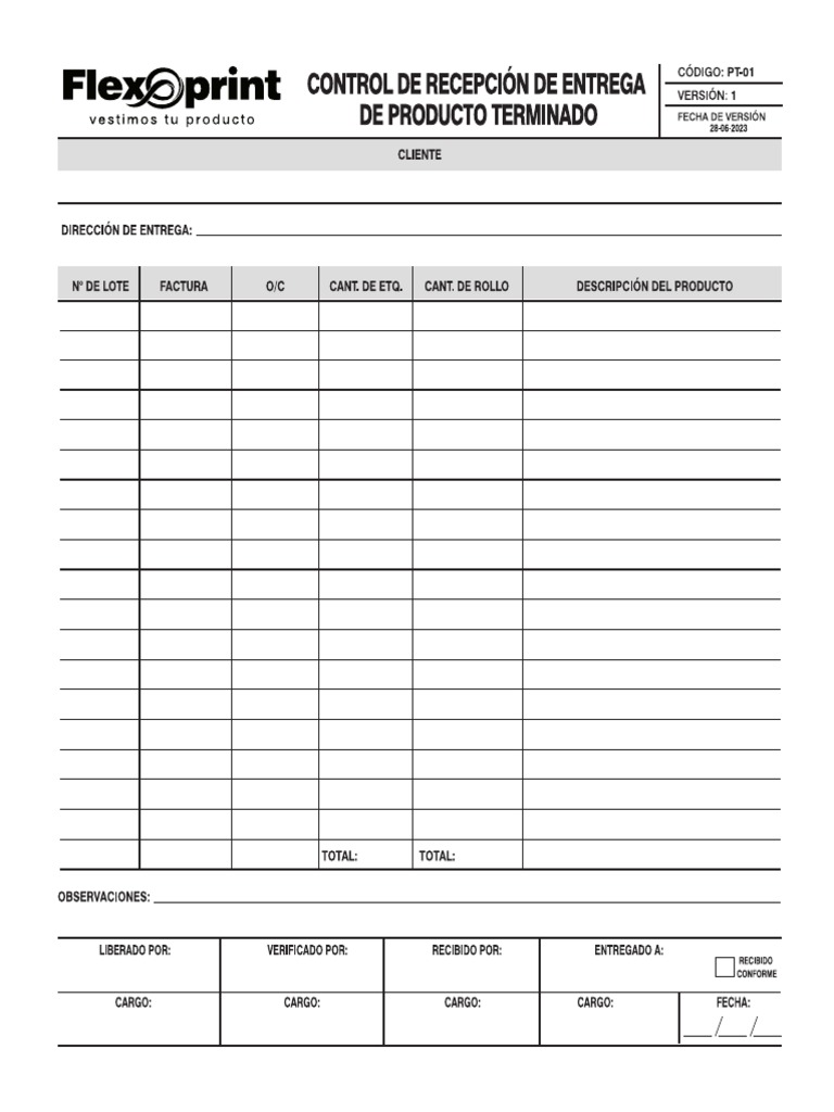 Pt-02 Control de Recepción de Entrega de Producto Terminado | PDF