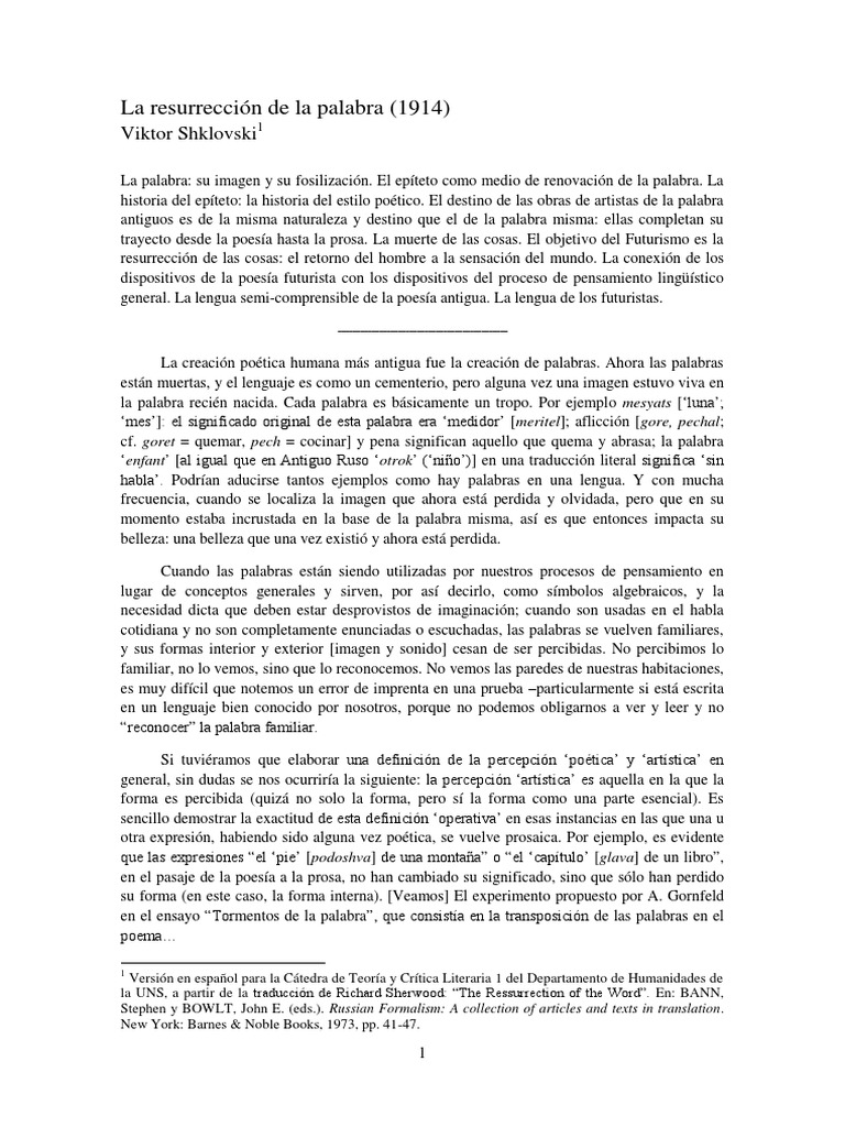 SHKLOVSKI, Viktor. La Resurrección de La Palabra | PDF