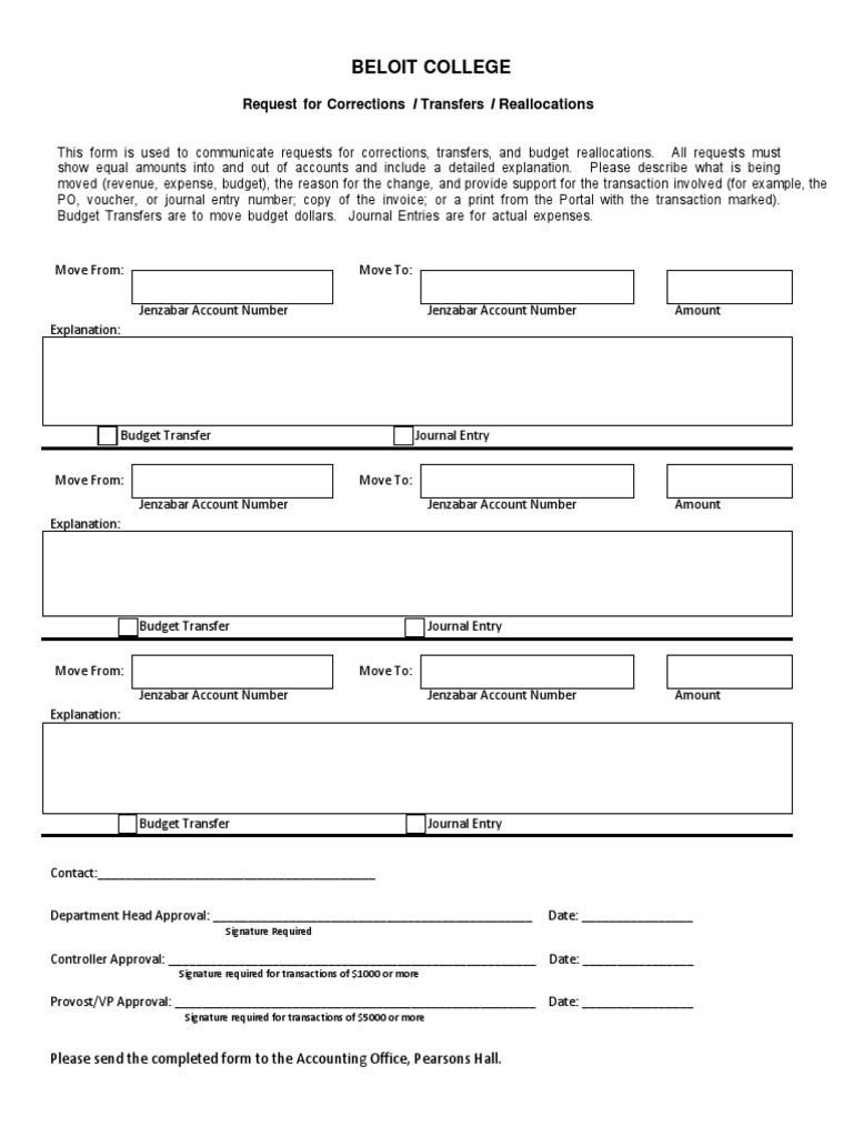 Beloit College Budget Transfer Request Form | PDF