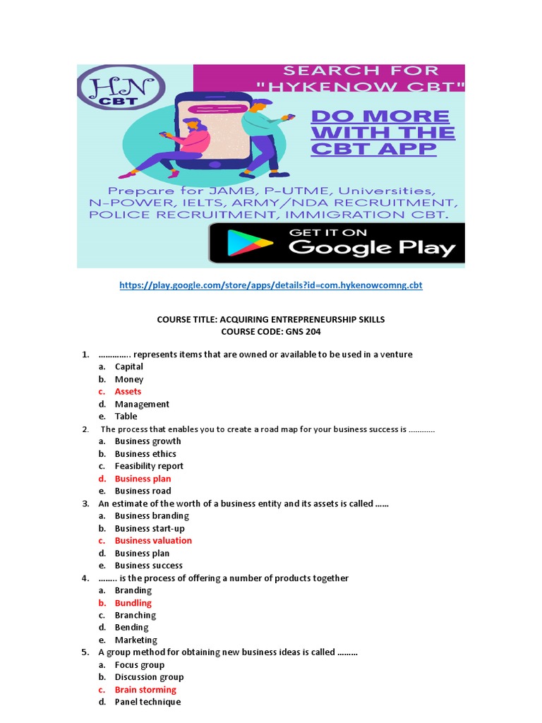 GNS 204 (Entrepreneurship Skills) .... | PDF | Entrepreneurship | Business