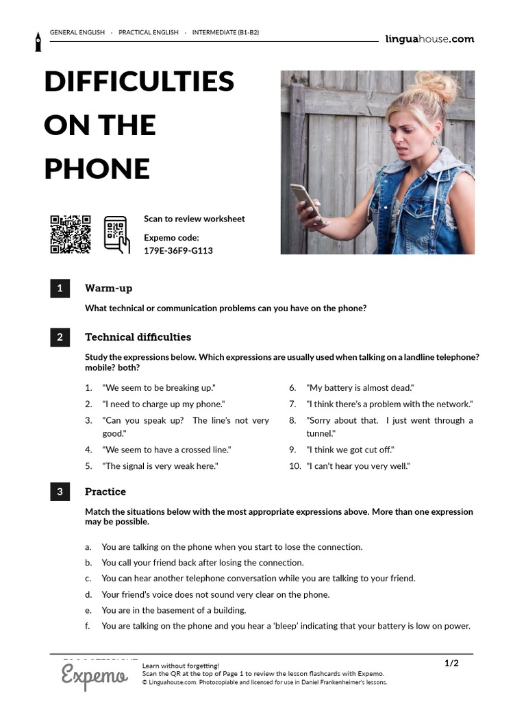 Difficulties On The Phone British English Student Ver2 BW | PDF | Telephone | Information And ...