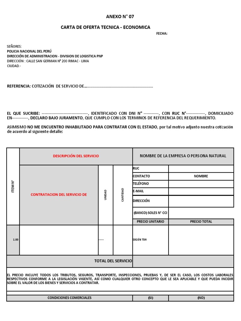 Anexo #07 - Carta de Oferta Técnica Económica | PDF