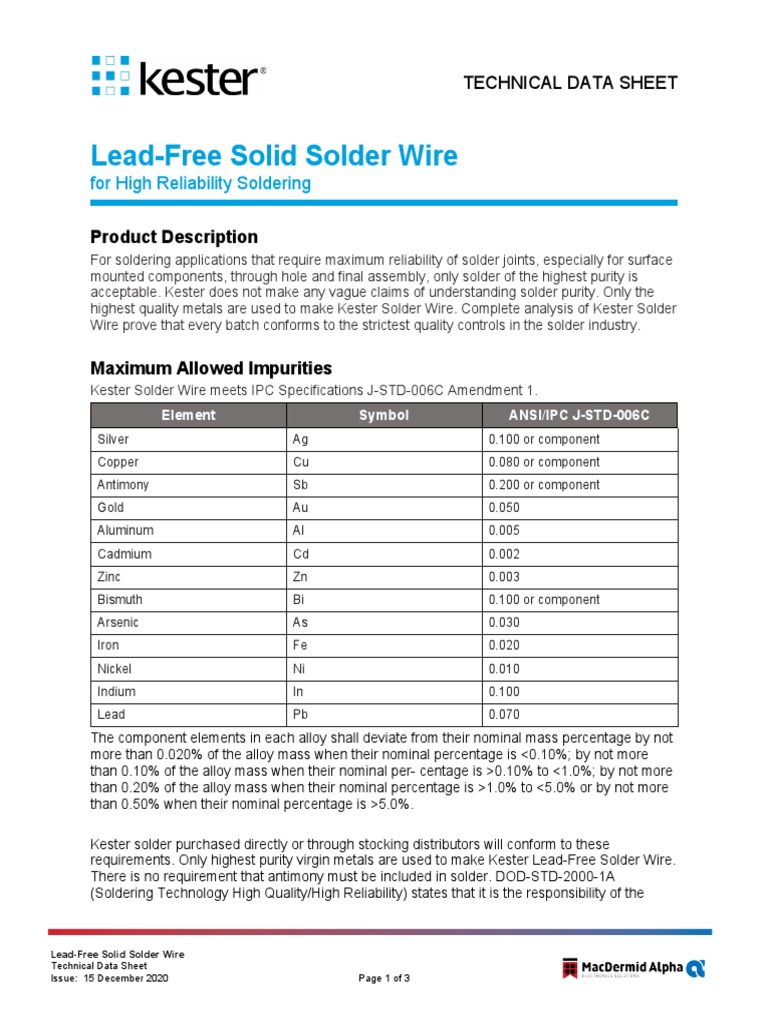 Kester Lead Free Solder Wire Datasheet | PDF