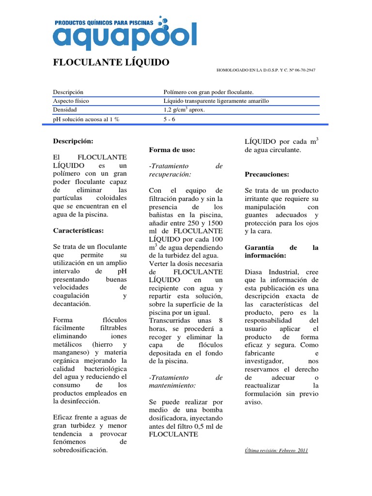 Ficha Tecnica Floculante Piscina Liquido Natur Clara 808 | PDF | Agua | Piscina