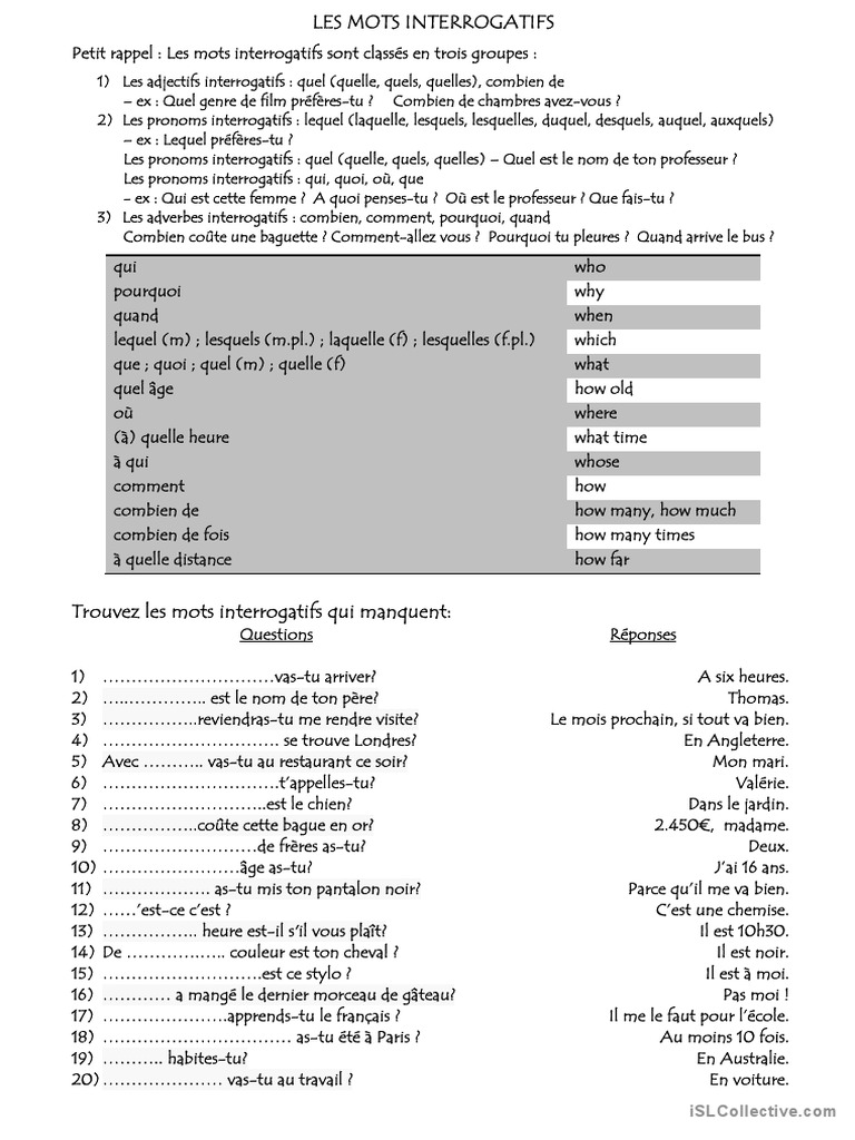 Les mots interrogatifs en français | PDF | Pronom | Échecs