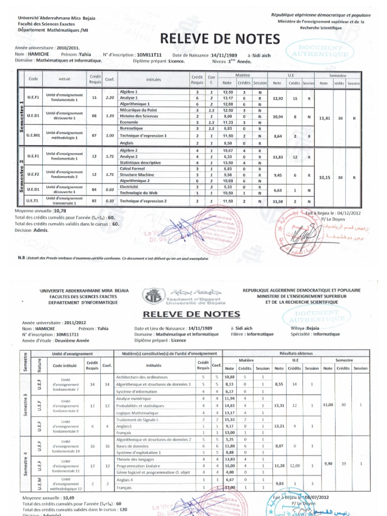 Relevés de Notes Licence | PDF