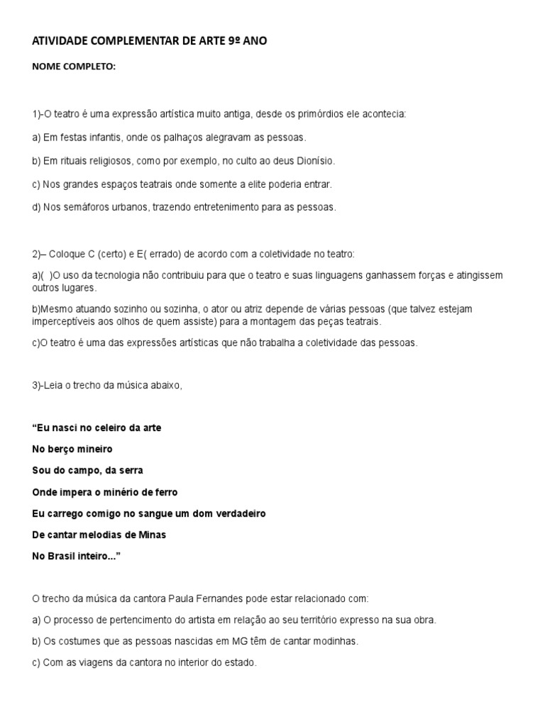 Ativ. Complementar de Arte-9 Ano | PDF | Clássicos