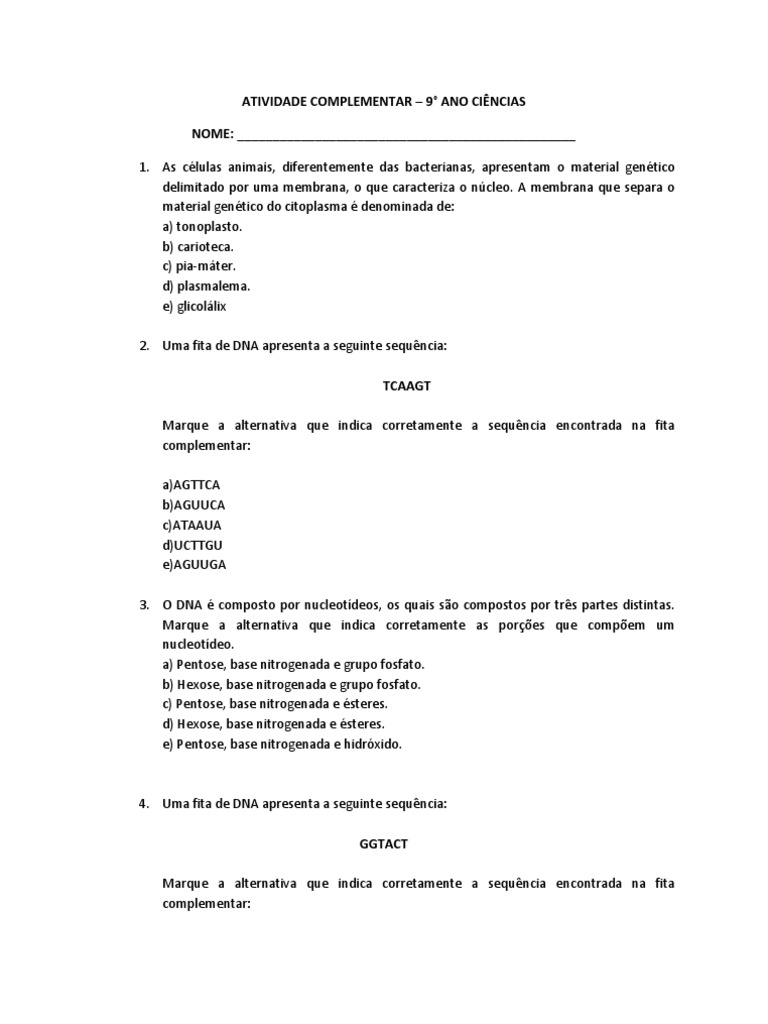 ATIVIDADE COMPLEMENTAR - 9° Ano Ciências | PDF