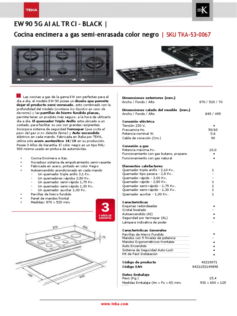 Cocina a Gas Semi-Enrasada EW-90 5G AI | PDF | Estufa de cocina