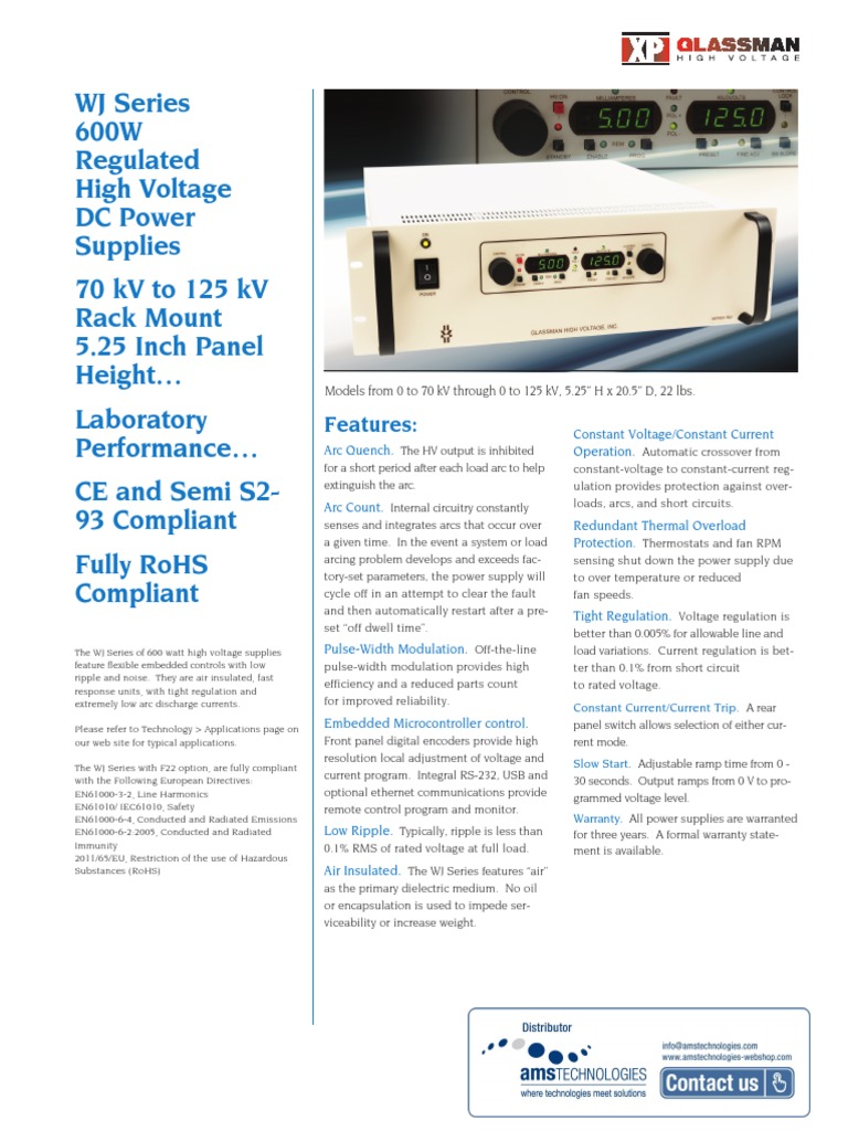 WJ Series High Voltage AC - DC Power Supplies XP Glassman Datasheet | PDF | Power Supply | Switch