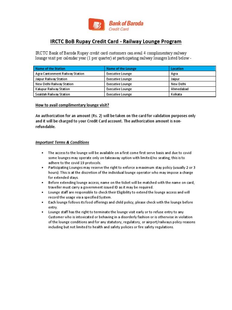 IRCTC BoB Card Railway Lounge Program | PDF