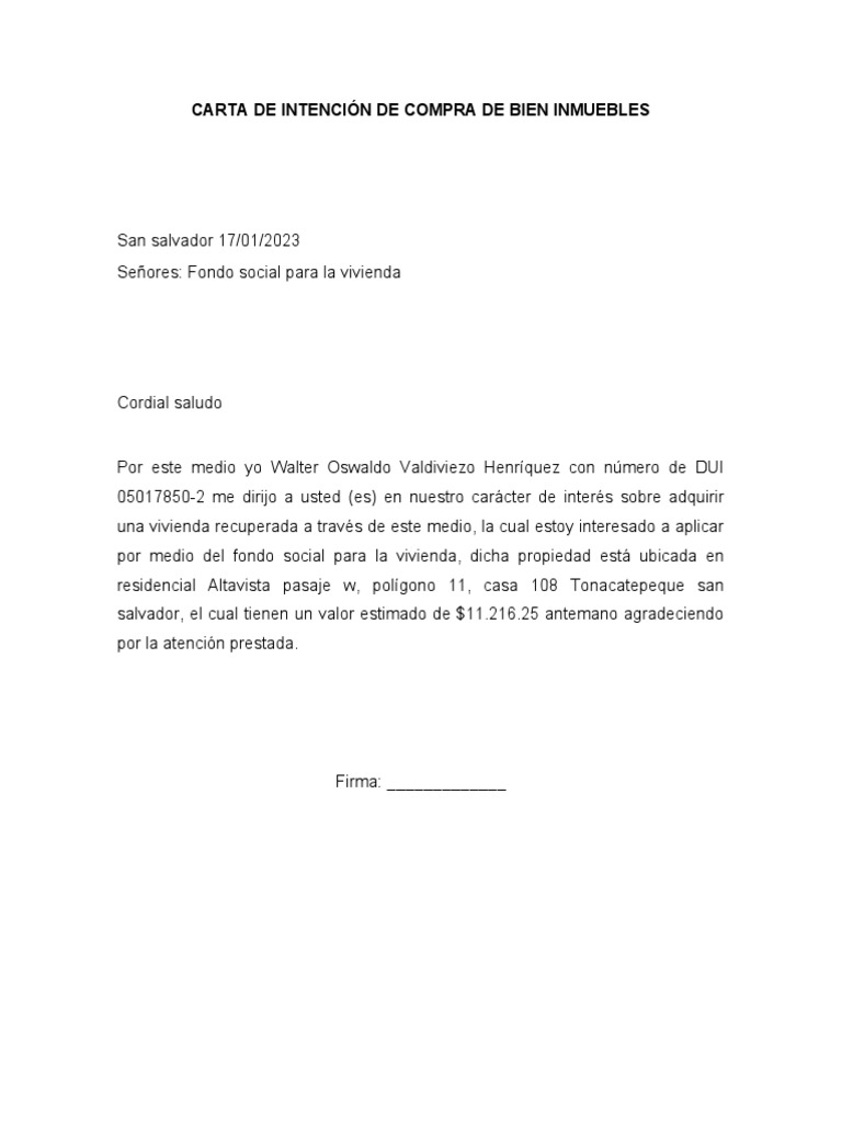 Carta de Intención de Compra de Bien Inmuebles | PDF