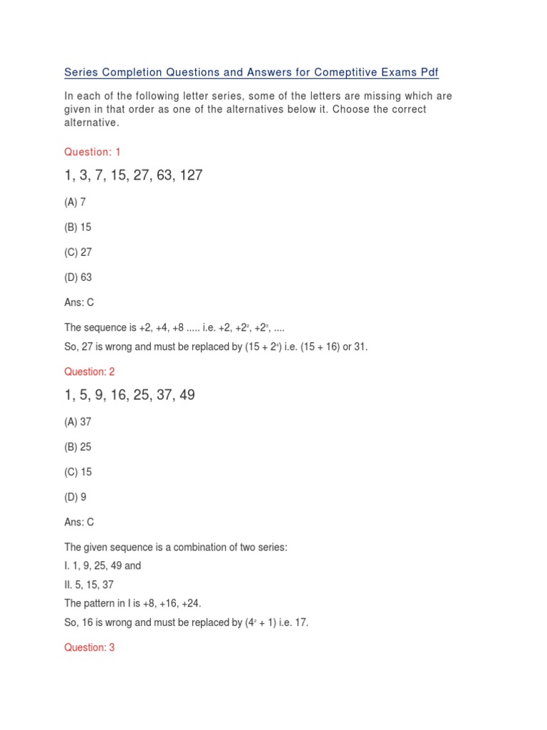 Series Completion Questions Competitive Exams | PDF