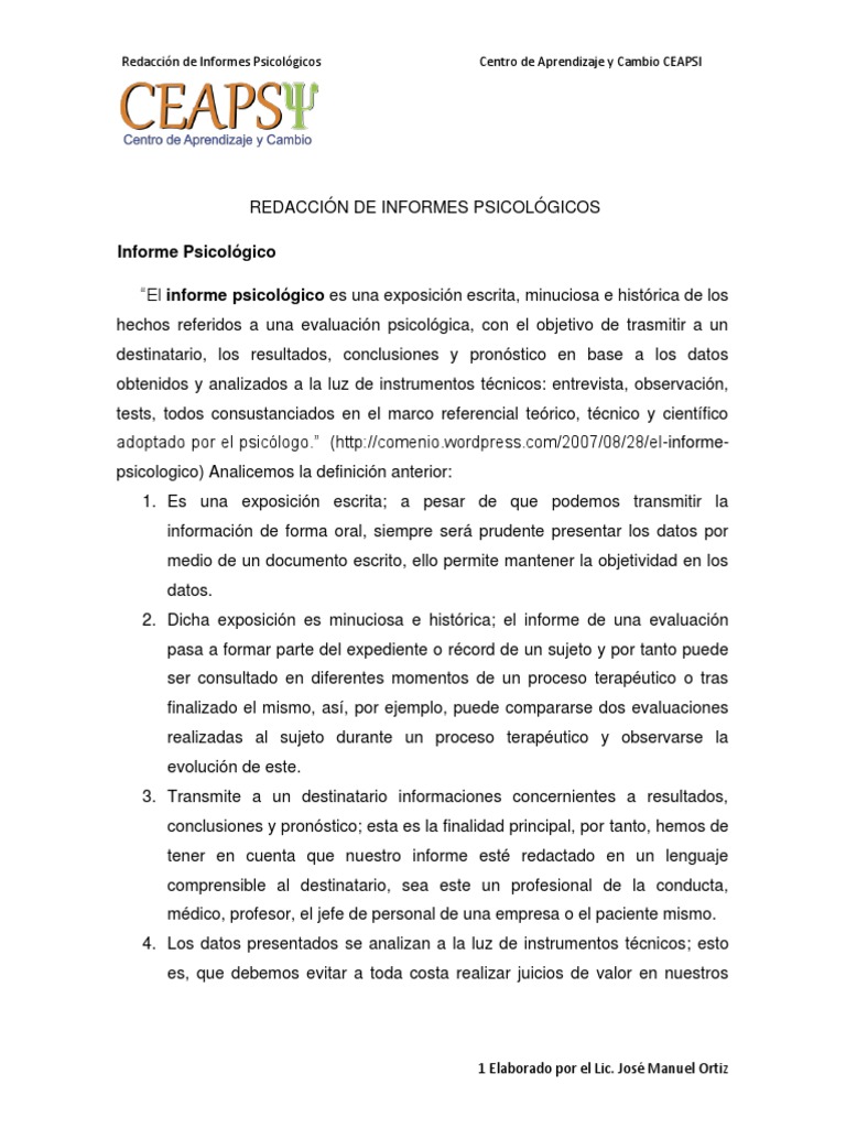 Elaboración De Informes Psicológicos Pdf Sicología Evaluación