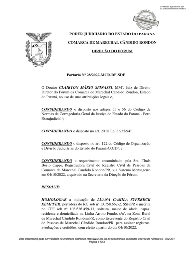 Portaria 28-2022 - Homologa Nomeação Escrevente Luana Kempfer | PDF