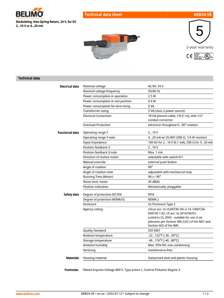 Belimo ARB24-SR Technical Data Sheet | PDF | Power Supply | Electric Motor