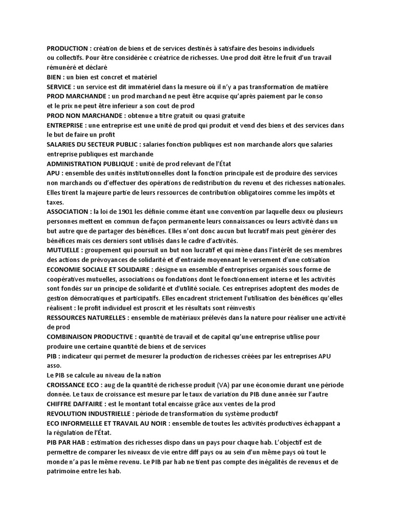 Cours PRODUCTION SES Seconde | PDF