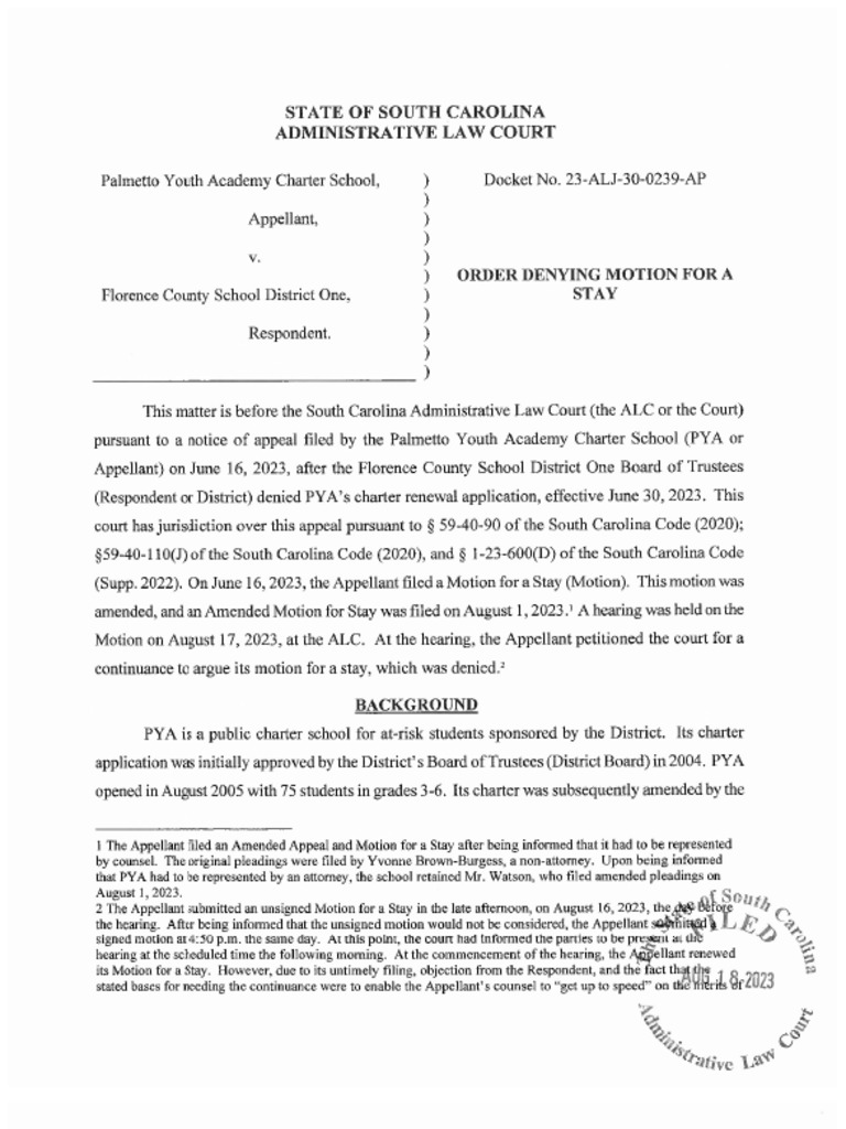 Order Deny Stay Motion-Palmetto Youth Academy | PDF