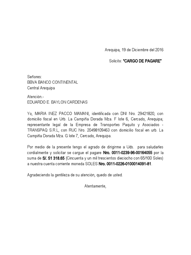 Carta de Cargo de Pagare | PDF