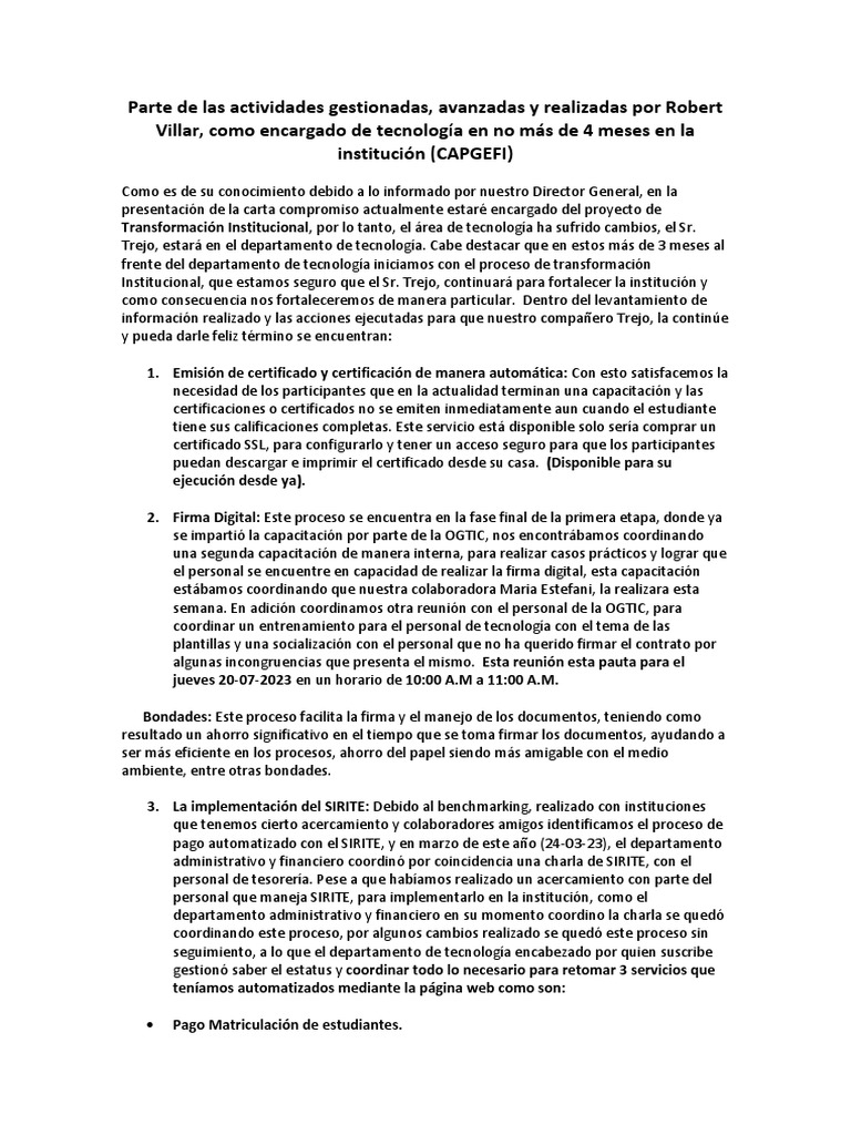 Parte de Las Actividades Gestionadas, Adelantadas y Realizadas Por ...