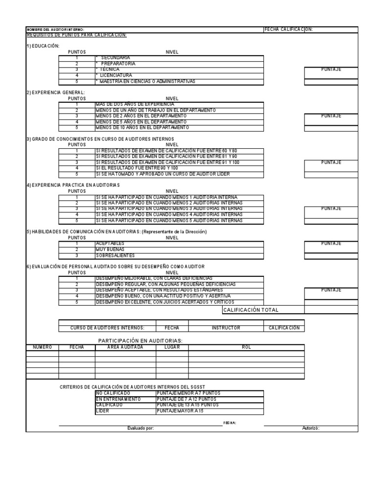 FR SST 9 2 2 07 Calificaci n De Auditores Internos PDF