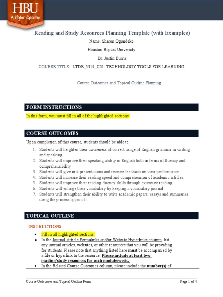 Reading and Study Resources Planning Template - Sharon Ogundeko | PDF ...