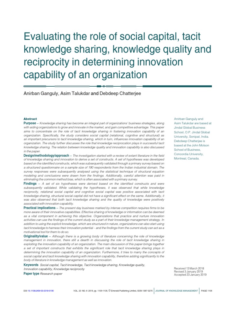 Evaluating The Role of Social Capital, Tacit Knowledge Sharing, Knowledge Quality and ...