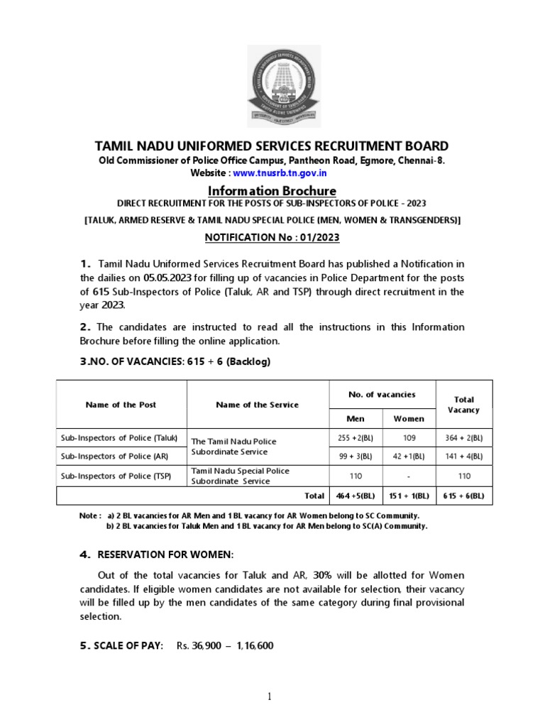 TNUSRB SI Notification Released 2023 | PDF | Payments