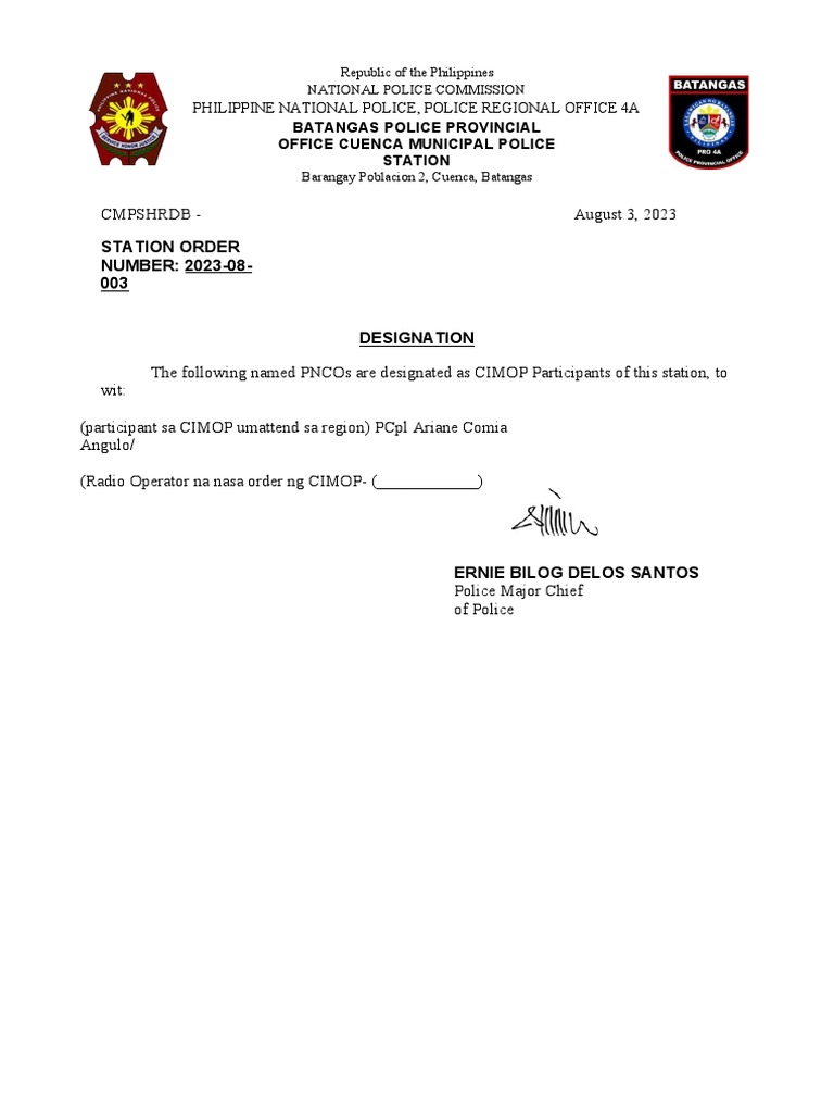 Sample Format Station Order CIMOP Participants | PDF