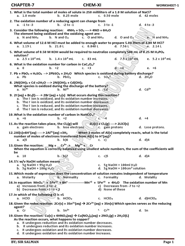 Chem-Xi Chap-7, Worksheet-1 | PDF