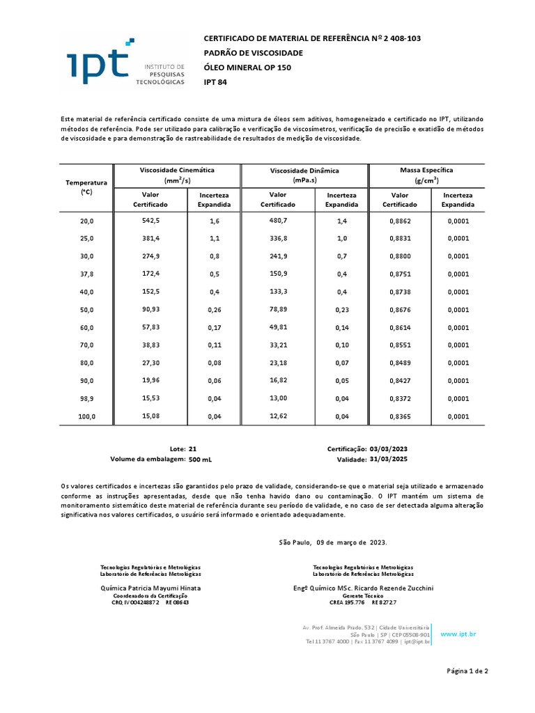 Certificado De Viscosidade óleo Mineral Op 150 Pdf
