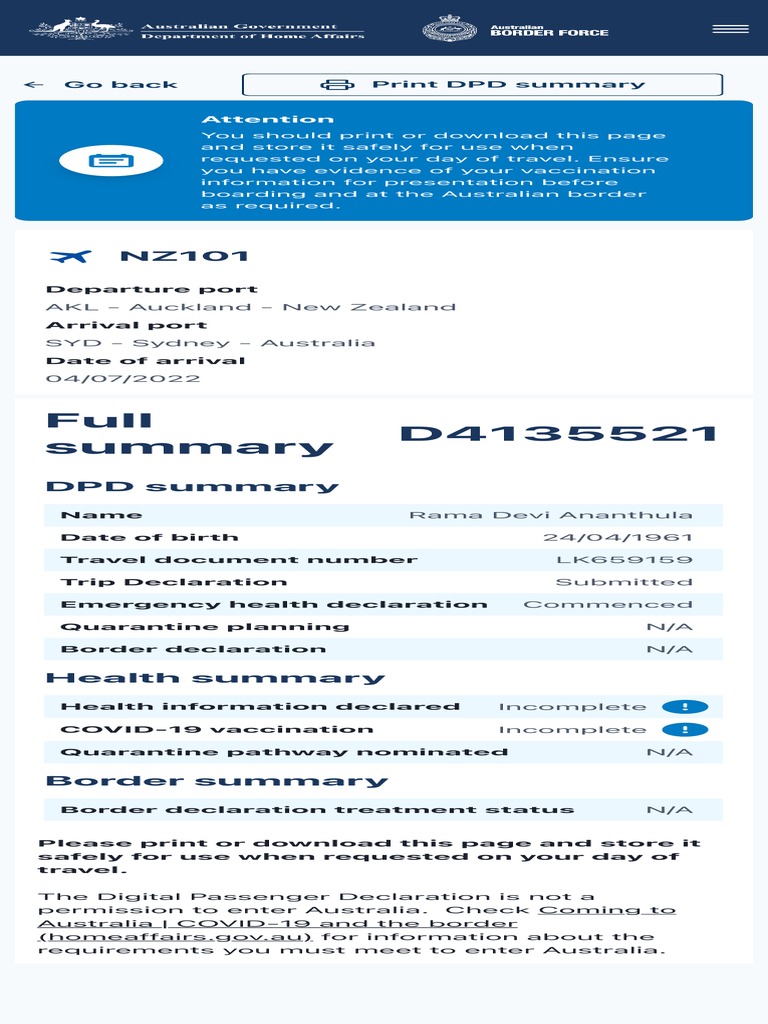 Australia Digital Passenger Declaration (DPD) | PDF