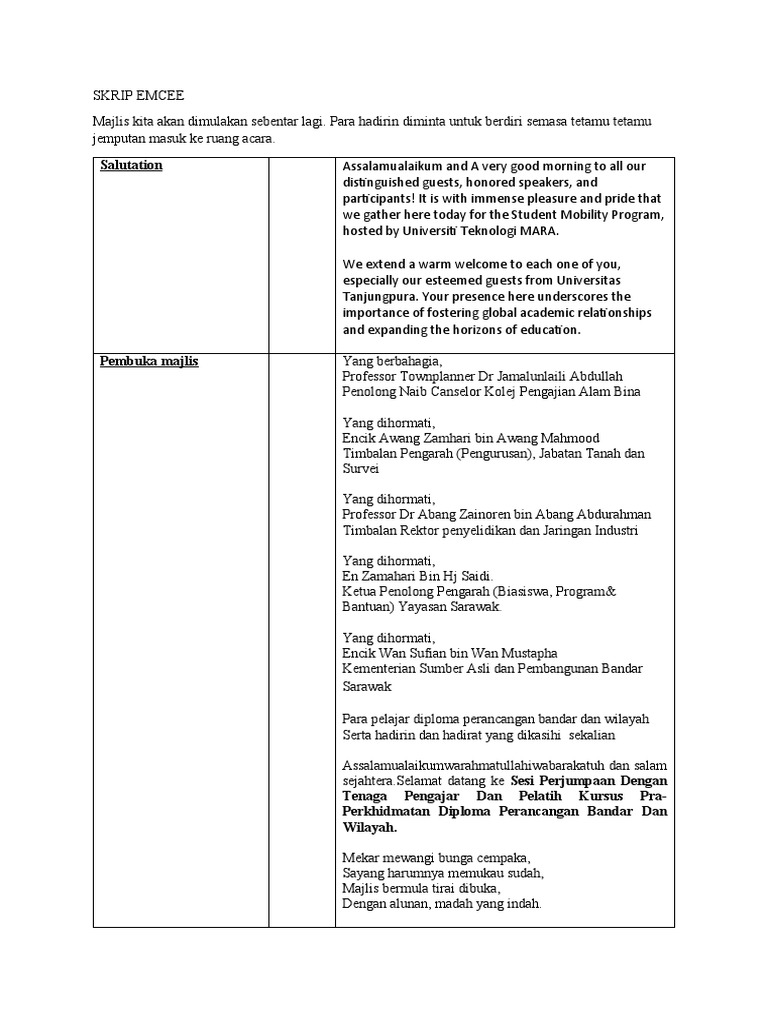 Script Emcee Student Mobility Programme | PDF