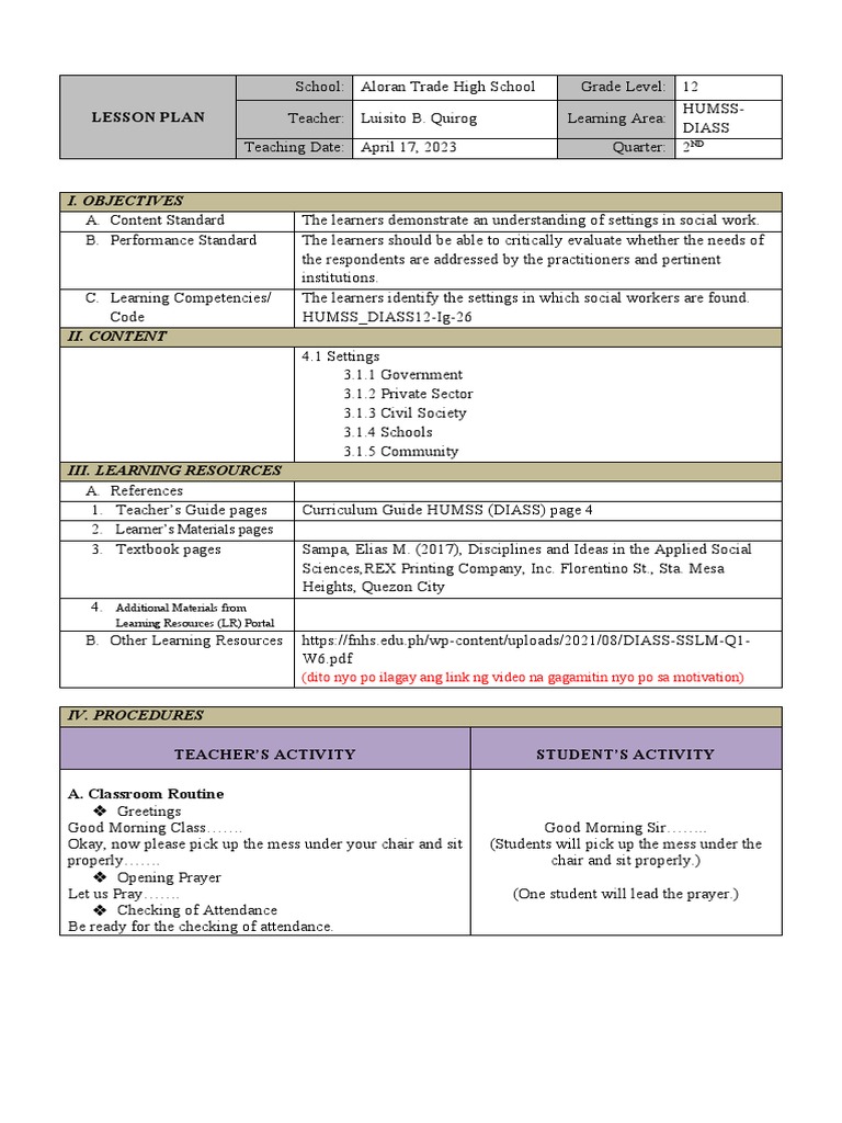 LESSON PLAN For DIASS Settings in Social Work | PDF