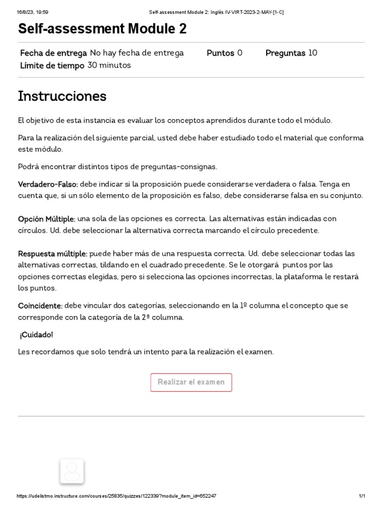 Self-Assessment Module 2 - Inglés IV-VIRT-2023-2-MAY - (1-C) | PDF